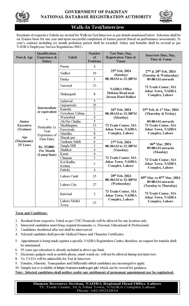 NADRA Lahore Region Jobs 2024 for Junior Executives (Trainee)