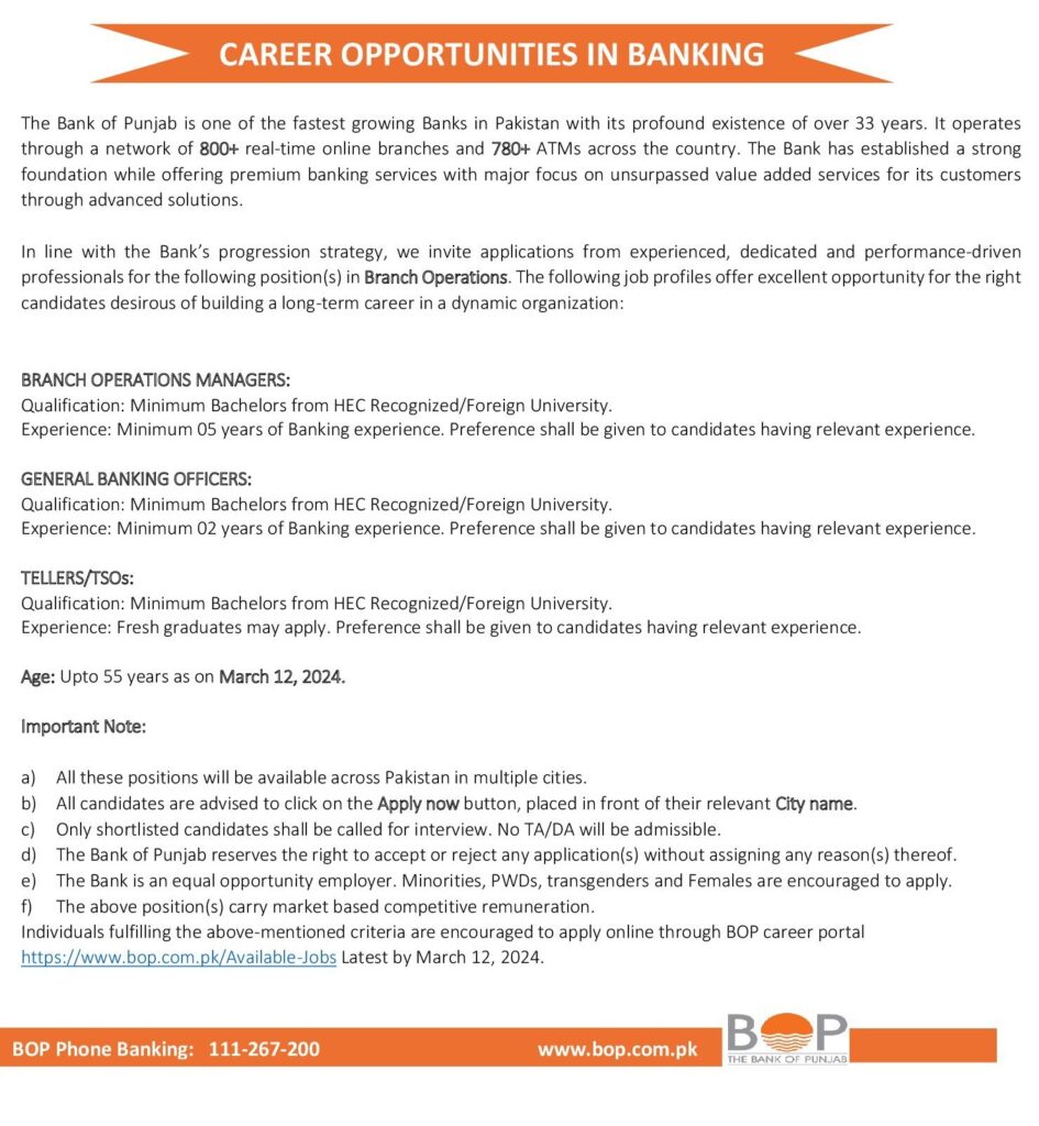 Bank of Punjab Jobs 2024 Advertisement and Apply Online