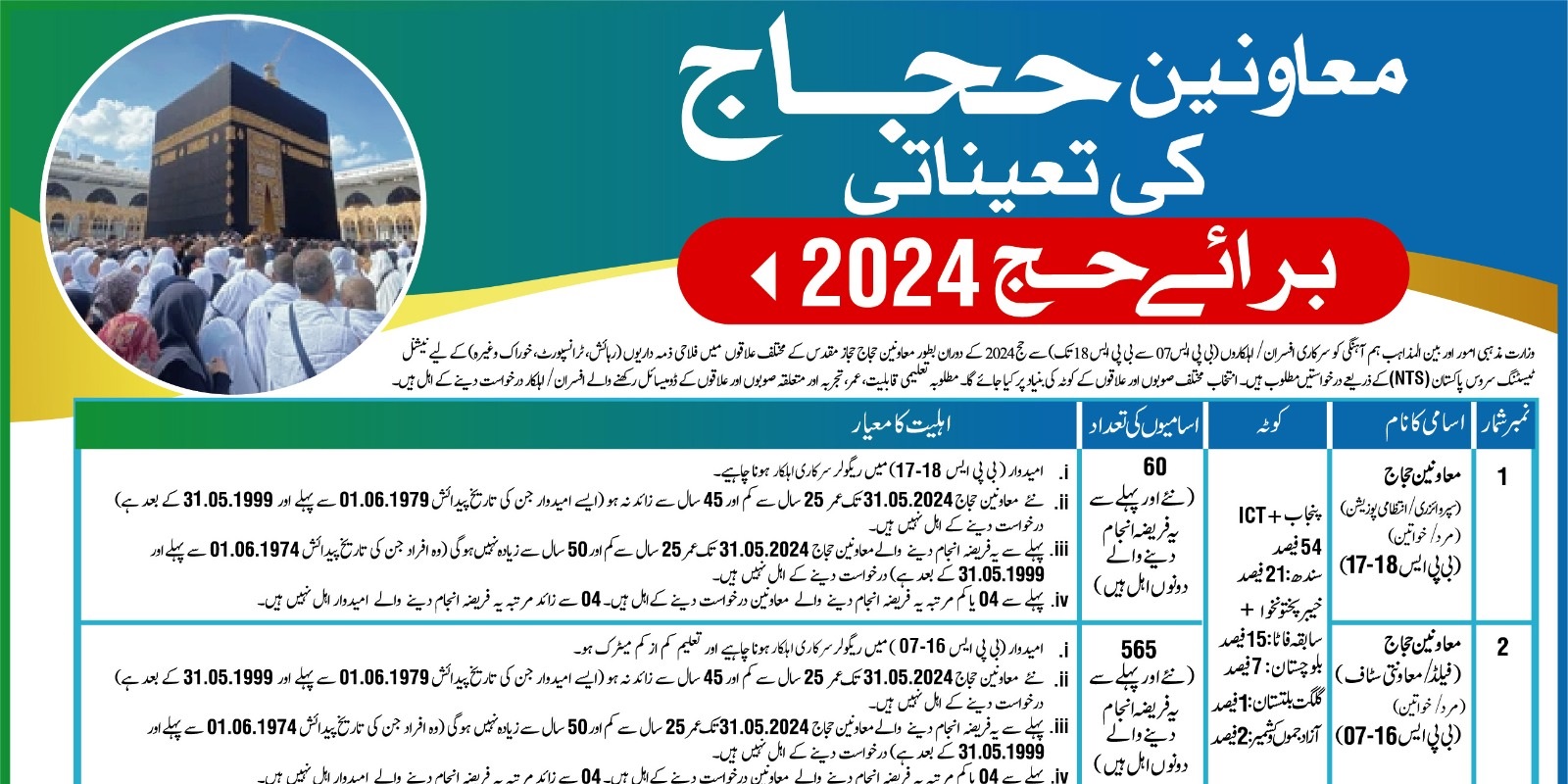 Moavineen-e-Hujjaj for Hajj Operation 2024 | Online Apply via NTS