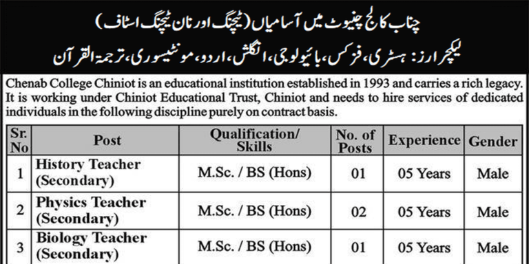 Chenab College Jobs 2024 (Teaching / Non-Teaching Staff)
