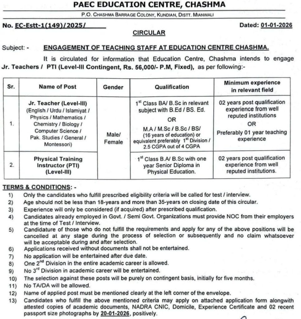 PAEC Atomic Energy Teaching Jobs 2026 at Education Center Chashma