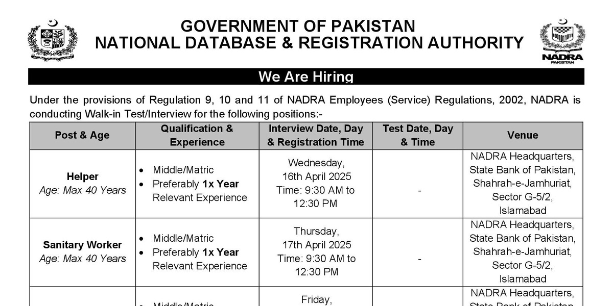 NADRA Jobs 2025 Latest Advertisement Online Apply