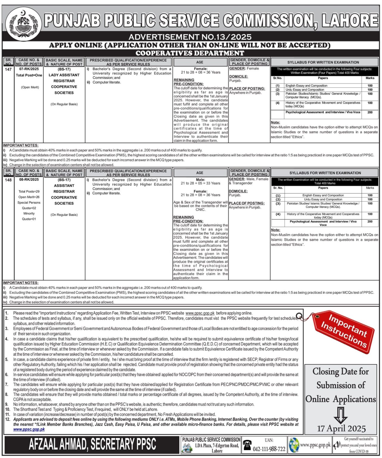 Assistant Registrar Cooperative Societies Jobs 2025 Syllabus Advertisement