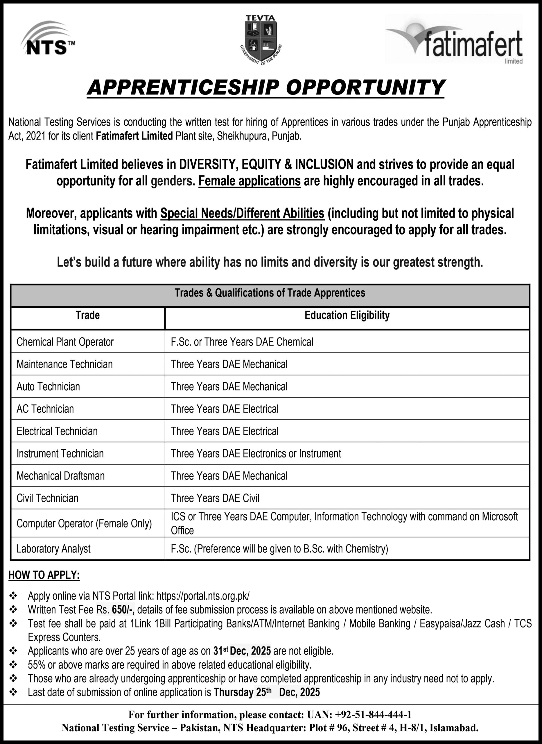 Fatima Fertilizer Apprenticeship Program 2026 Latest Advertisement