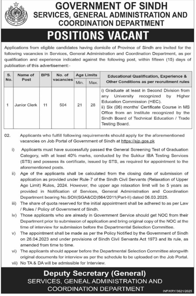 Services and General Administration Department Sindh Jobs 2025