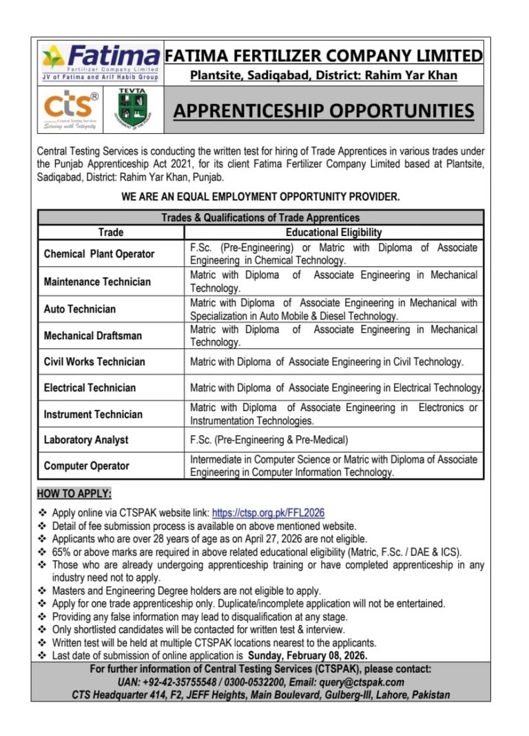 Fatima Fertilizer Apprenticeship Program 2026 Latest Advertisement